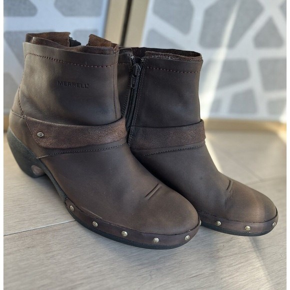 Merrell | Shoes | Merrell Luxe Mid Heel Ankle Boots Women Brown Leather ...